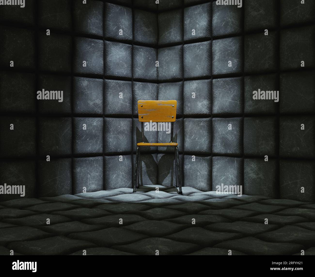 A dark dirty white padded cell in a mental asylum hospital with an ...