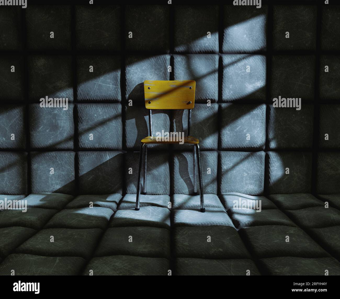 A dark dirty white padded cell in a mental asylum hospital with an ...