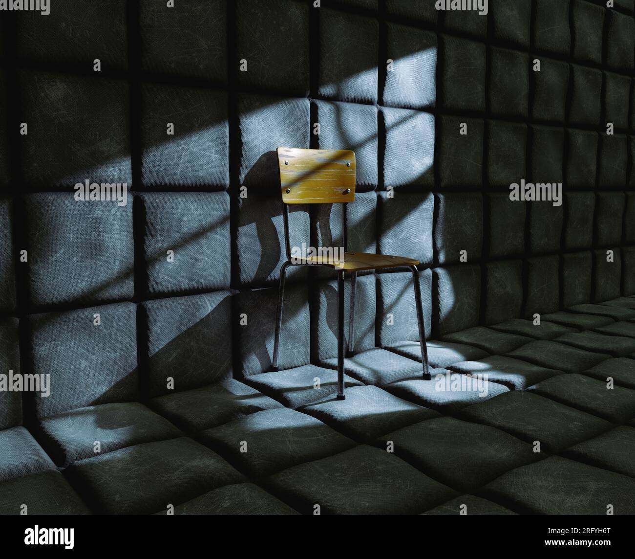 A dark dirty white padded cell in a mental asylum hospital with an ...