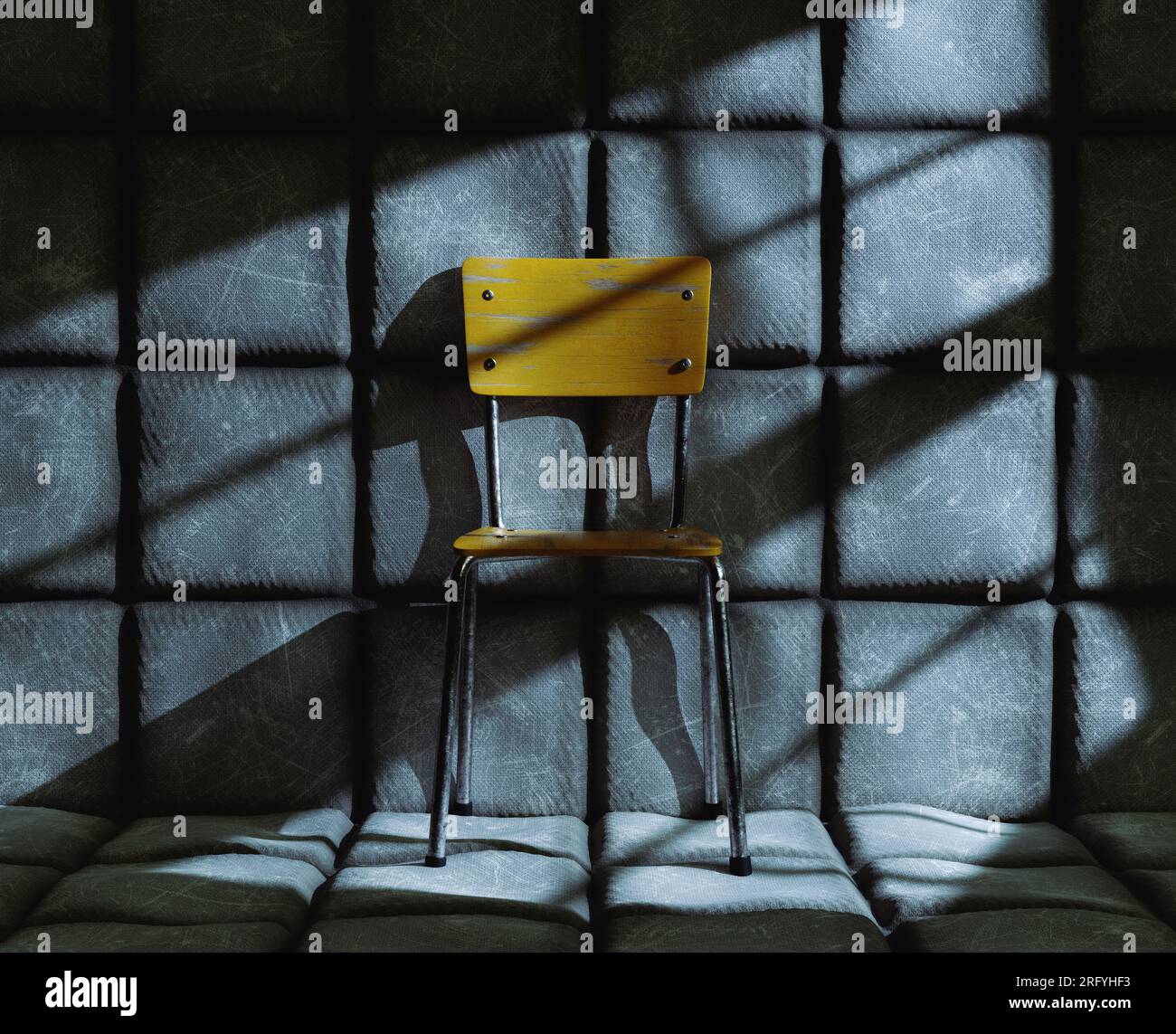 A dark dirty white padded cell in a mental asylum hospital with an ...