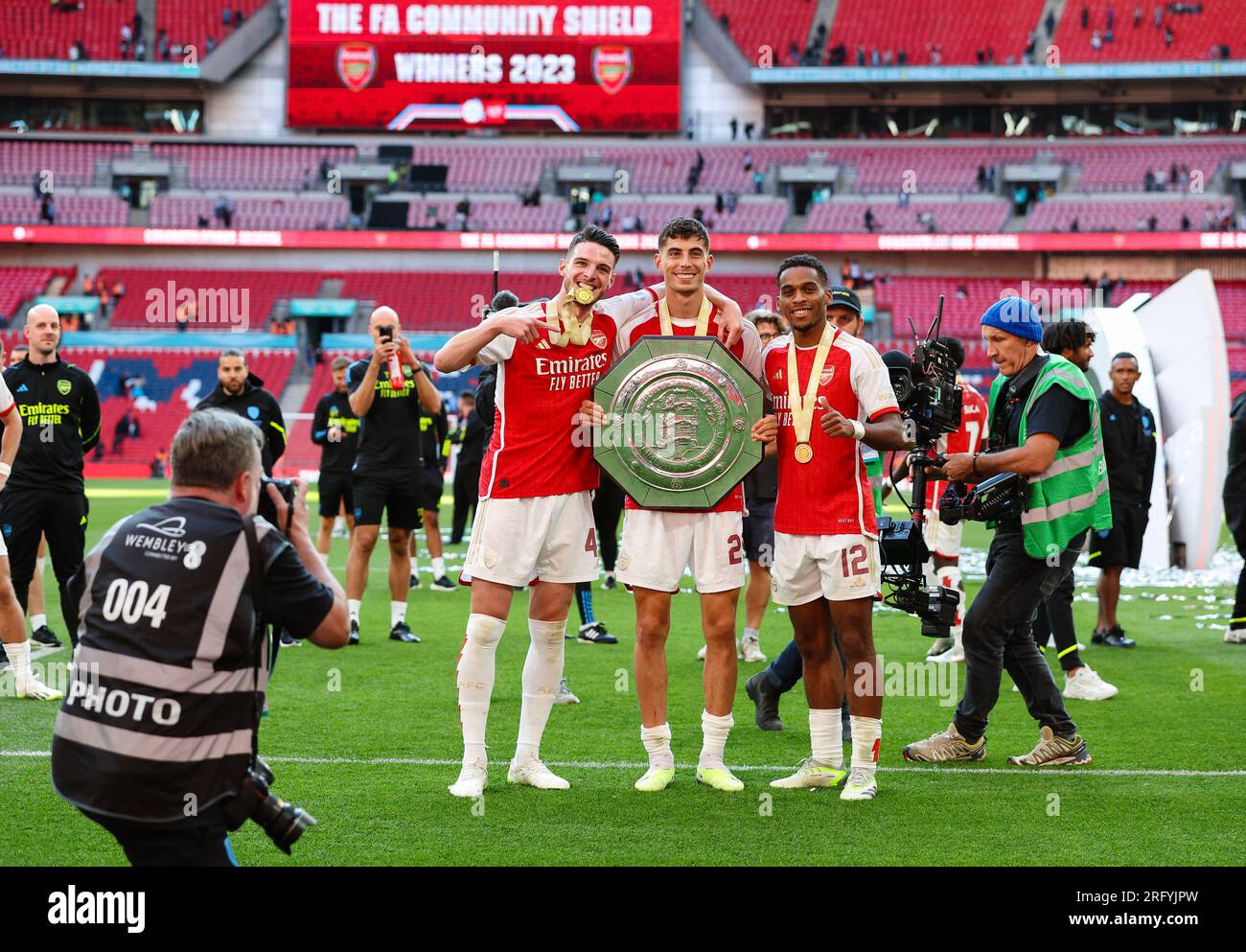 LONDON, UK - 6th Aug 2023: Declan Rice, Kai Havertz and Jurrien Timber ...