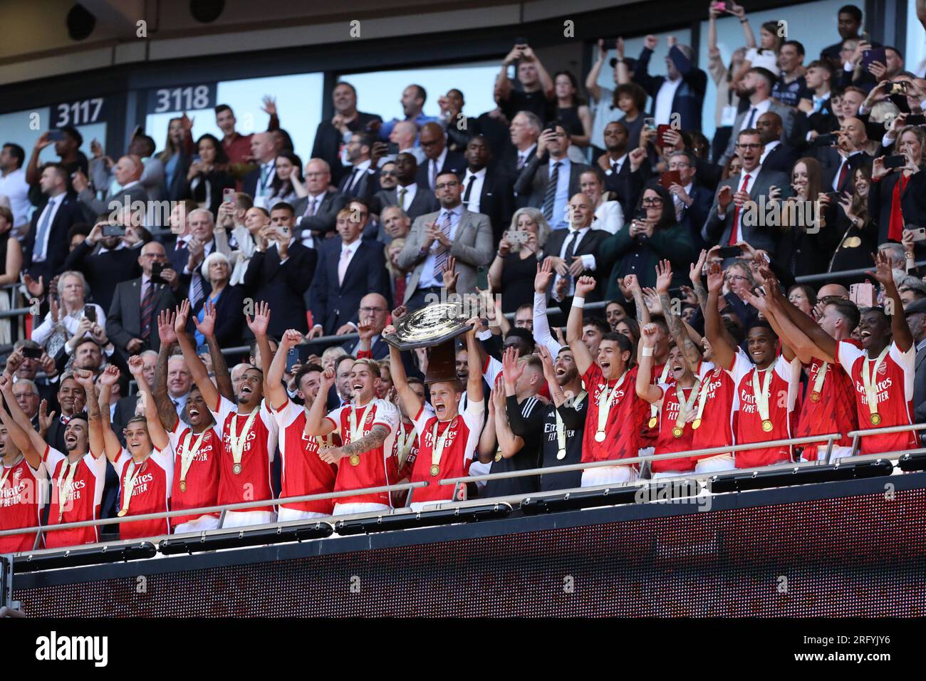 London, UK. 06th Aug, 2023. Arsenal celebrate winning the FA Community ...