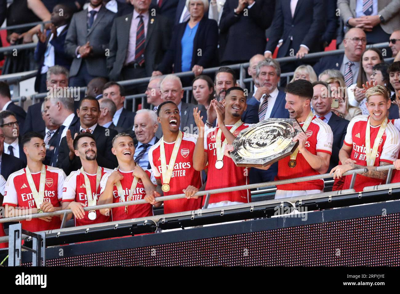 London, UK. 06th Aug, 2023. Declan Rice of Arsenal celebrates winning ...