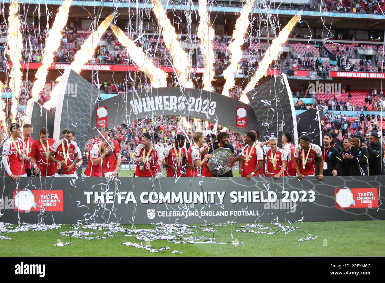 London, UK. 06th Aug, 2023. Arsenal celebrate winning the FA Community ...