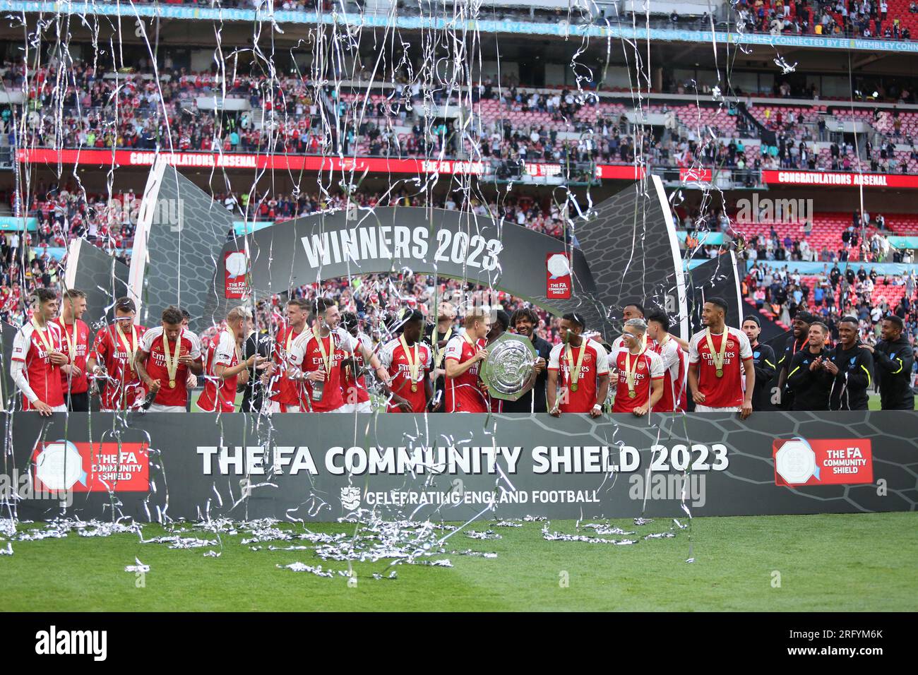 London, UK. 06th Aug, 2023. Arsenal celebrate winning the FA Community ...