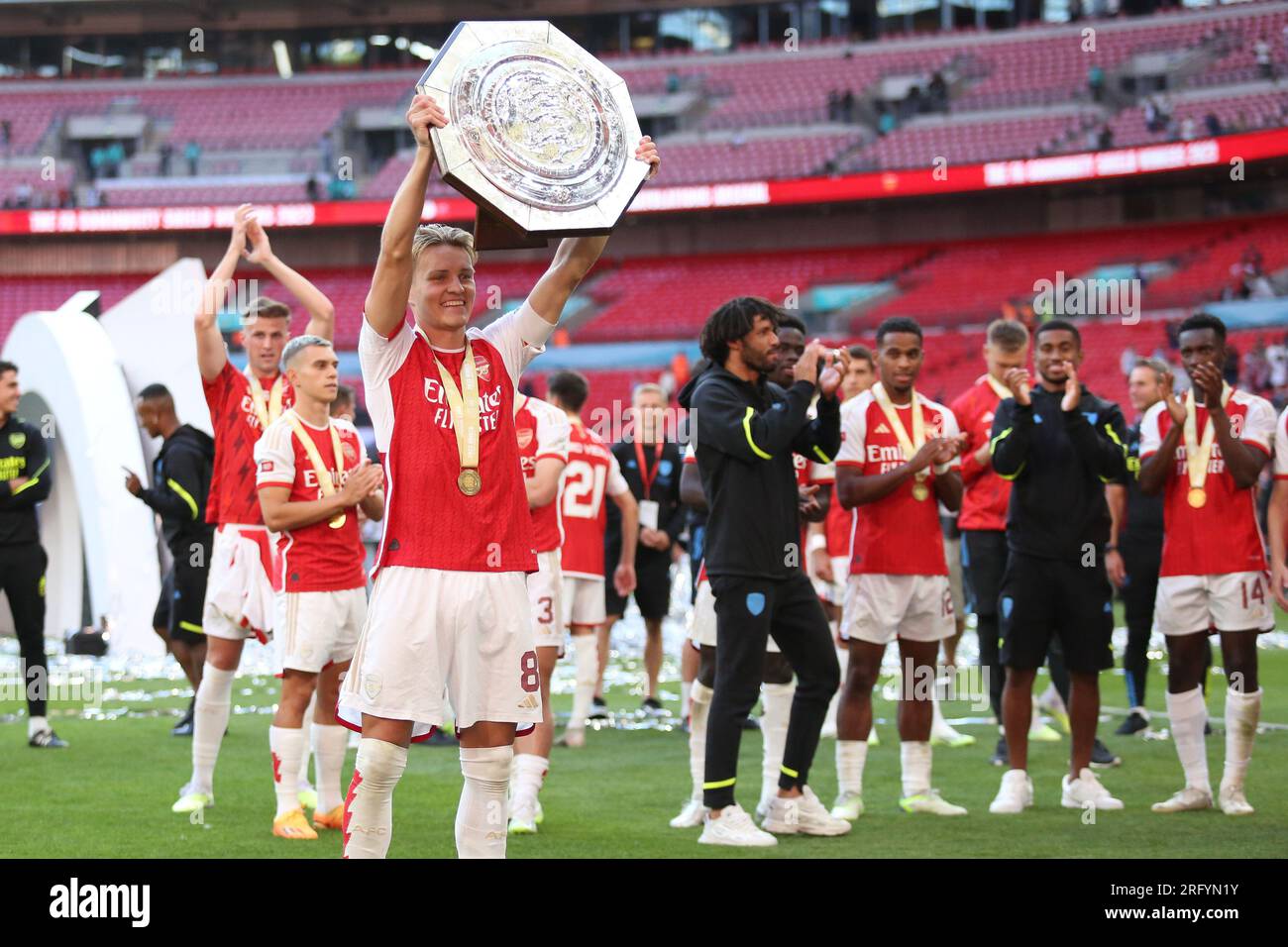 London, UK. 06th Aug, 2023. Arsenal celebrate winning the FA Community ...
