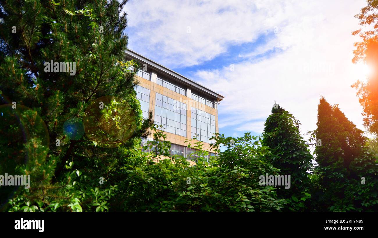 Eco building in modern city concept. Fresh green trees and office ...