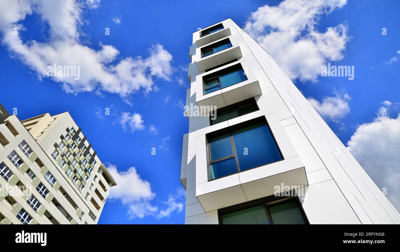 The facade of the new apartment building shaped like cubes. Minimalist ...