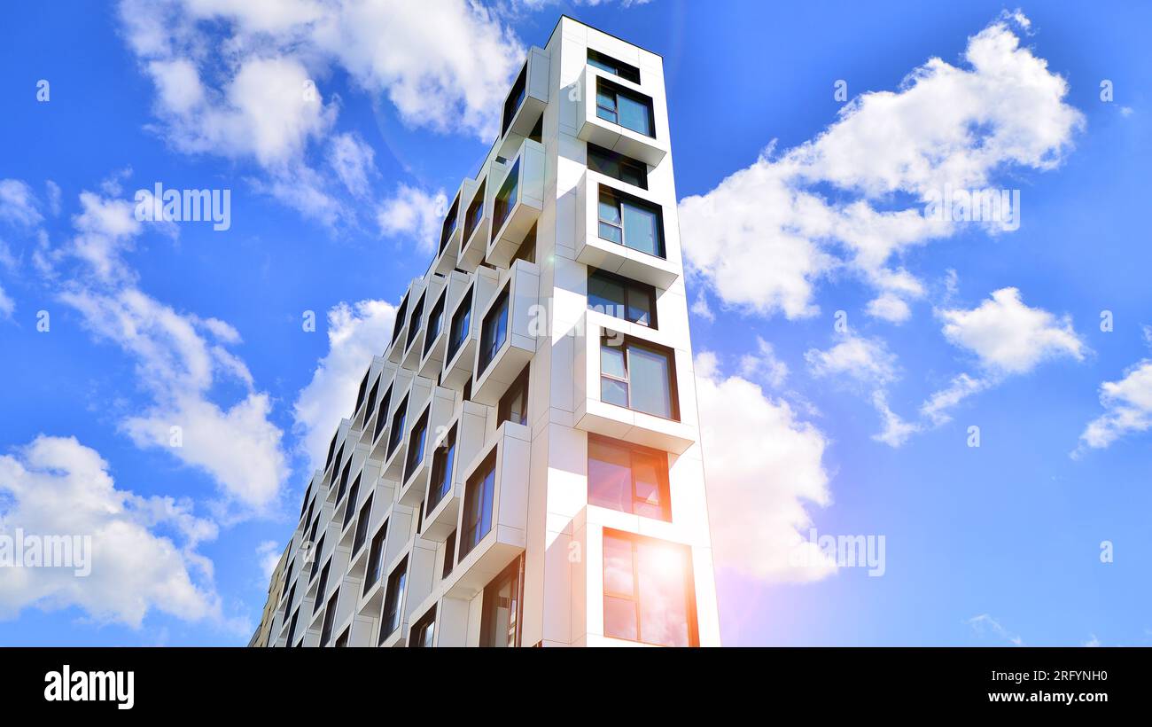 The facade of the new apartment building shaped like cubes. Minimalist ...