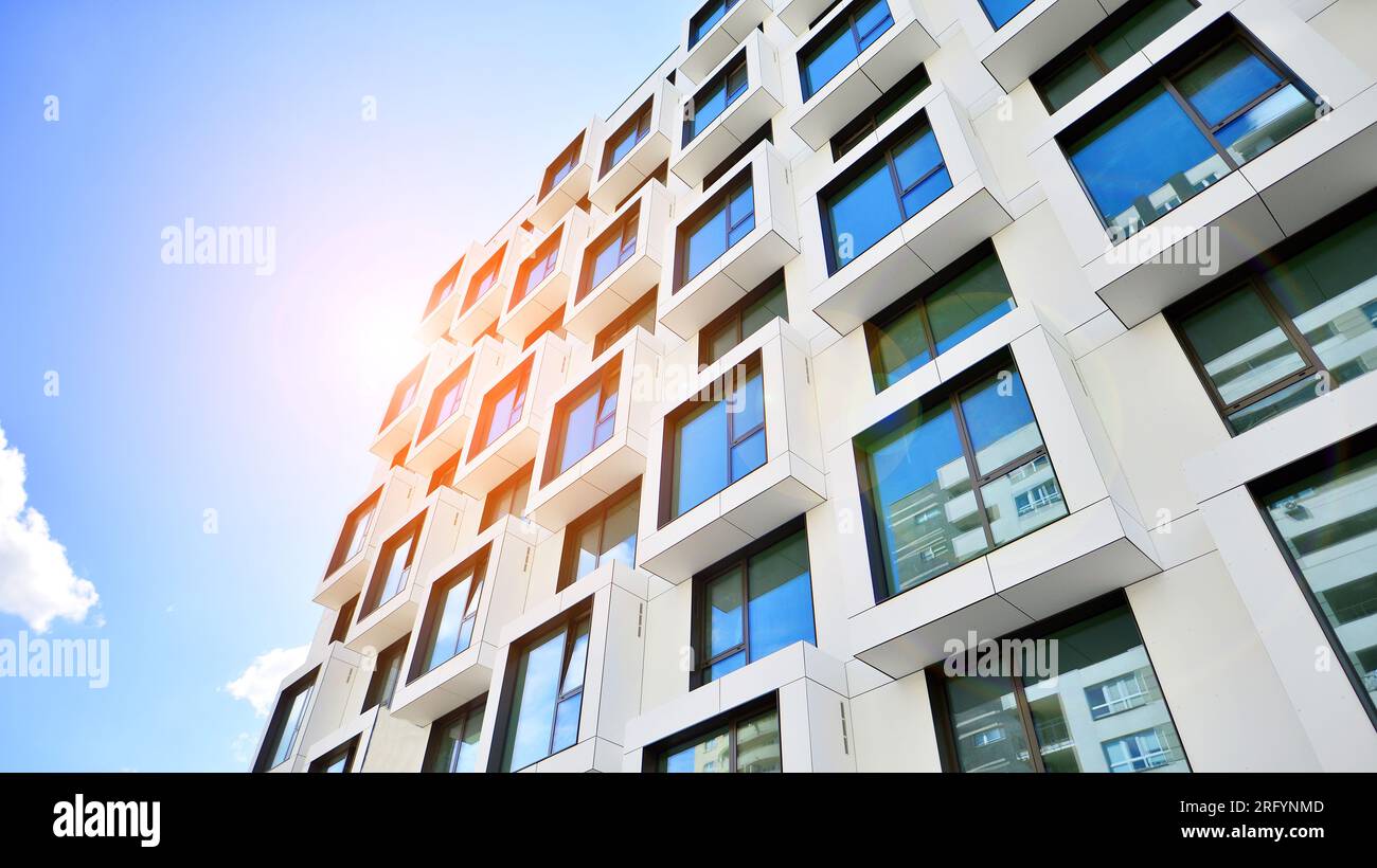 The facade of the new apartment building shaped like cubes. Minimalist ...