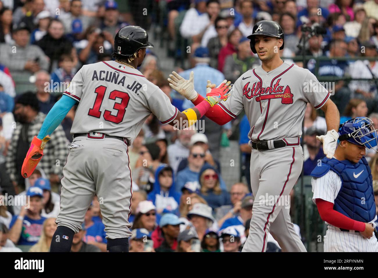 Atlanta Braves' Matt Olson, right, celebrates with Ronald Acuna Jr ...
