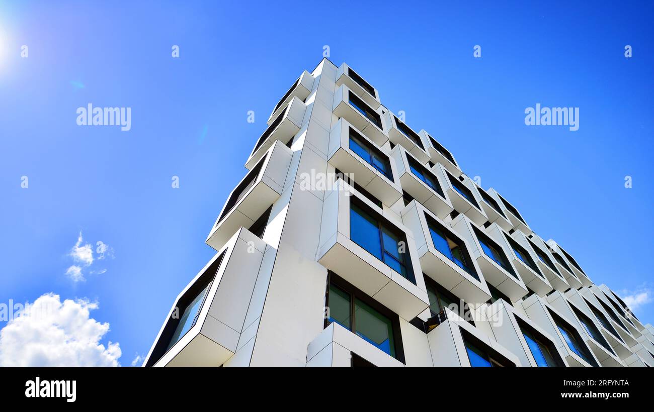The facade of the new apartment building shaped like cubes. Minimalist ...