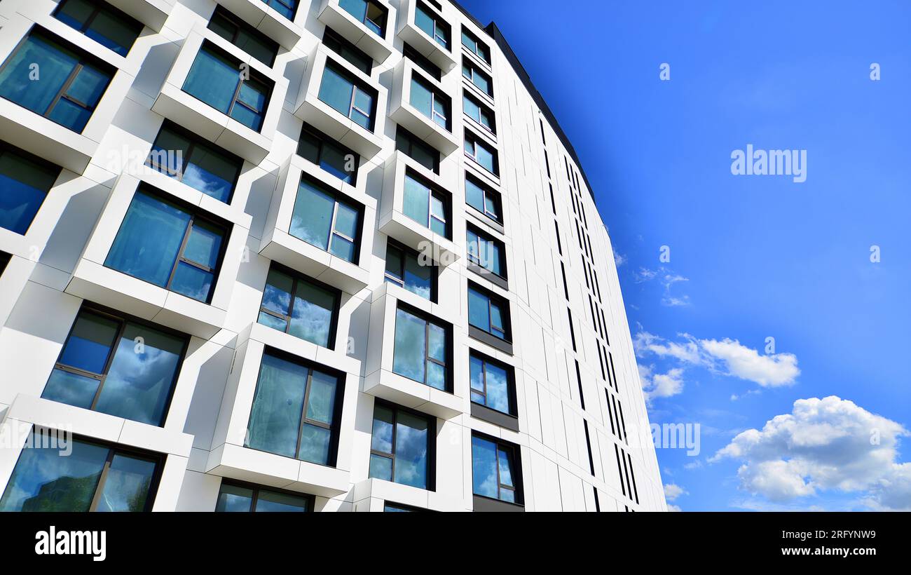 The facade of the new apartment building shaped like cubes. Minimalist ...