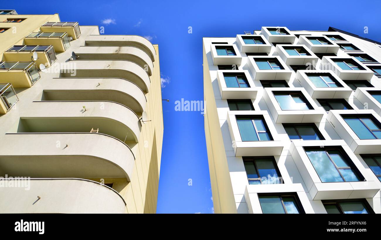 The facade of the new apartment building shaped like cubes. Minimalist ...