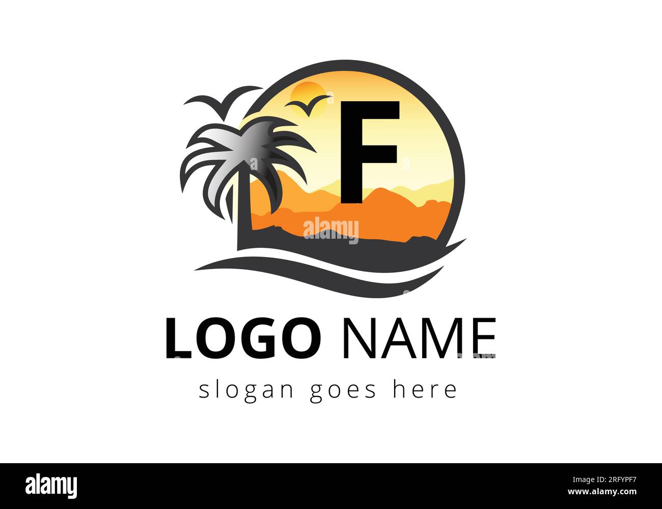 Beach Logo On Letter F Vector Sign. Sunset Summer Travel Logo Beach ...