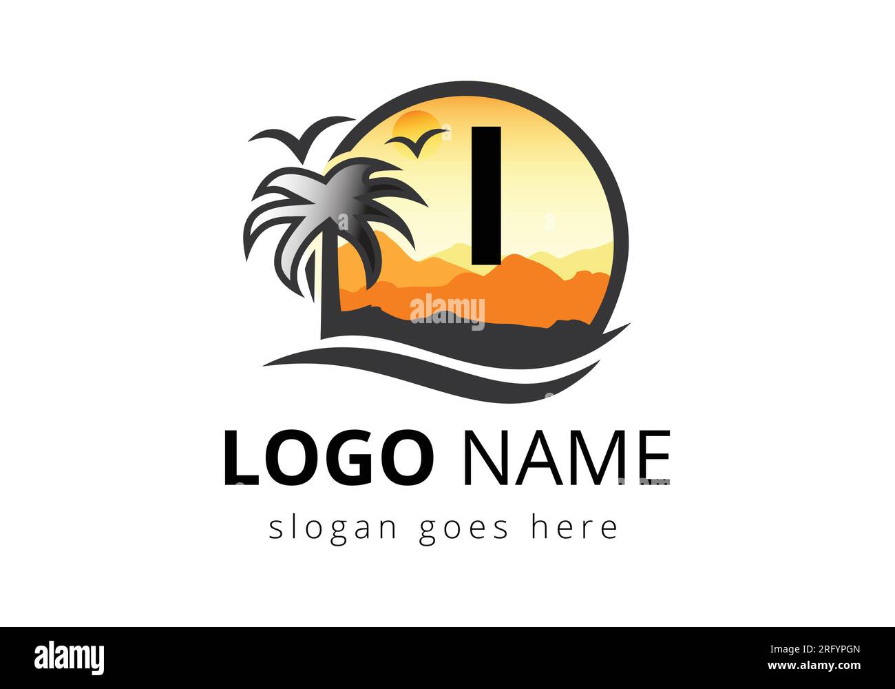 Beach Logo On Letter I Vector Sign. Sunset Summer Travel Logo Beach ...