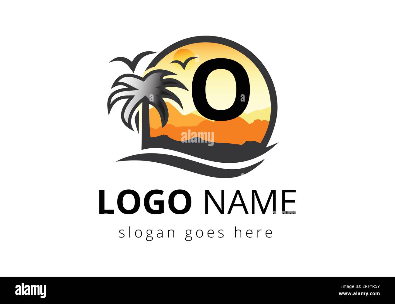 Beach Logo On Letter O Vector Sign. Sunset Summer Travel Logo Beach ...