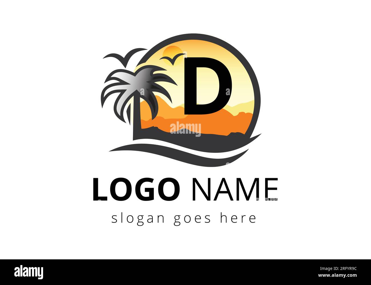 Beach Logo On Letter D Vector Sign. Sunset Summer Travel Logo Beach ...