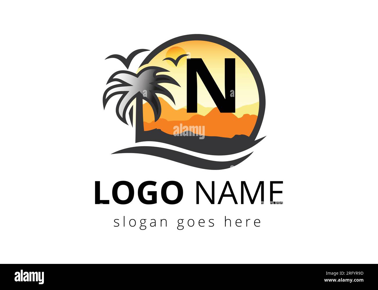 Beach Logo On Letter N Vector Sign. Sunset Summer Travel Logo Beach ...