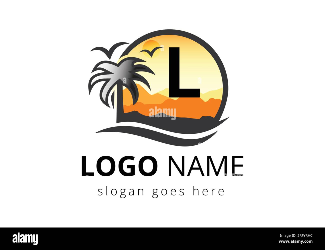 Beach Logo On Letter L Vector Sign. Sunset Summer Travel Logo Beach ...