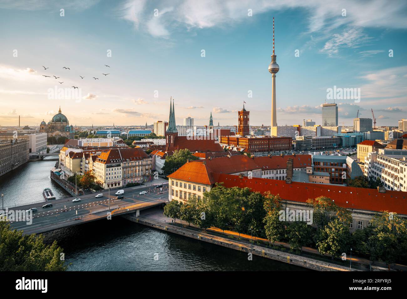 panoramic view at the city center of berlin during sunset Stock Photo ...