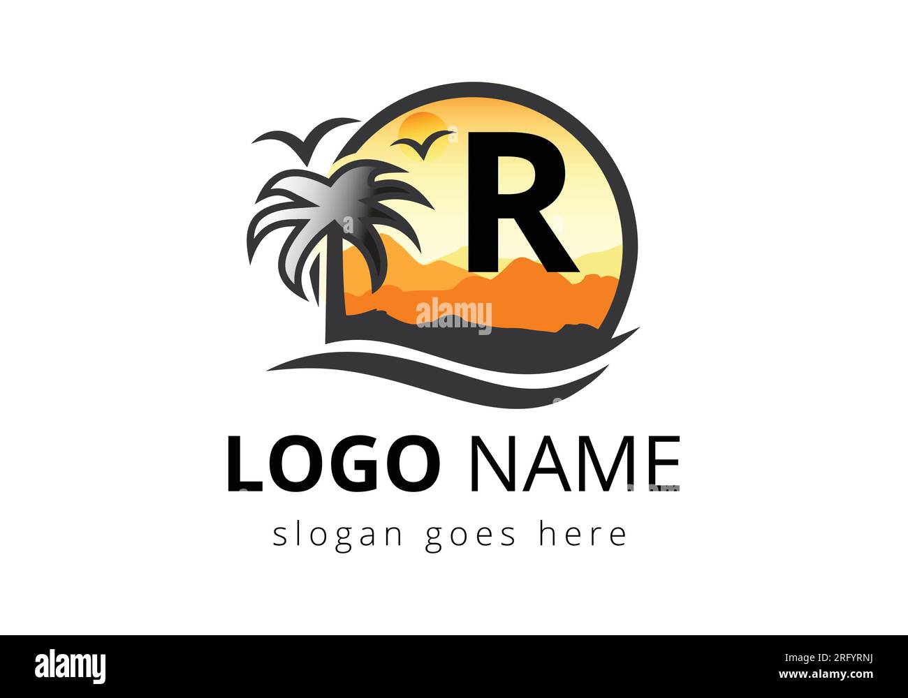 Beach Logo On Letter R Vector Sign. Sunset Summer Travel Logo Beach ...