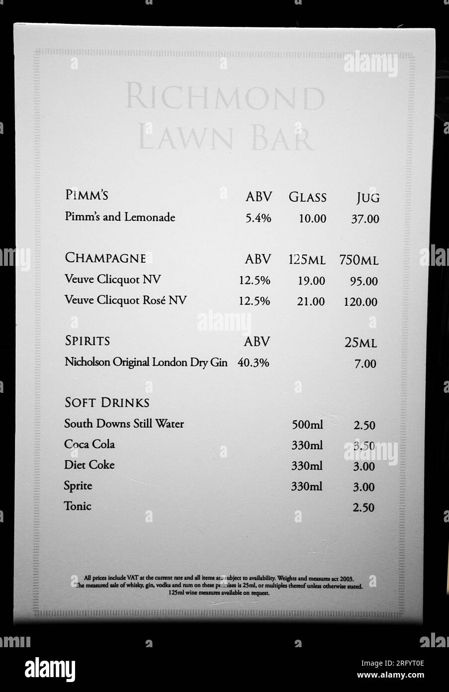 The Richmond Lawn Bar drinks price list at the Qatar Goodwood Festival ...