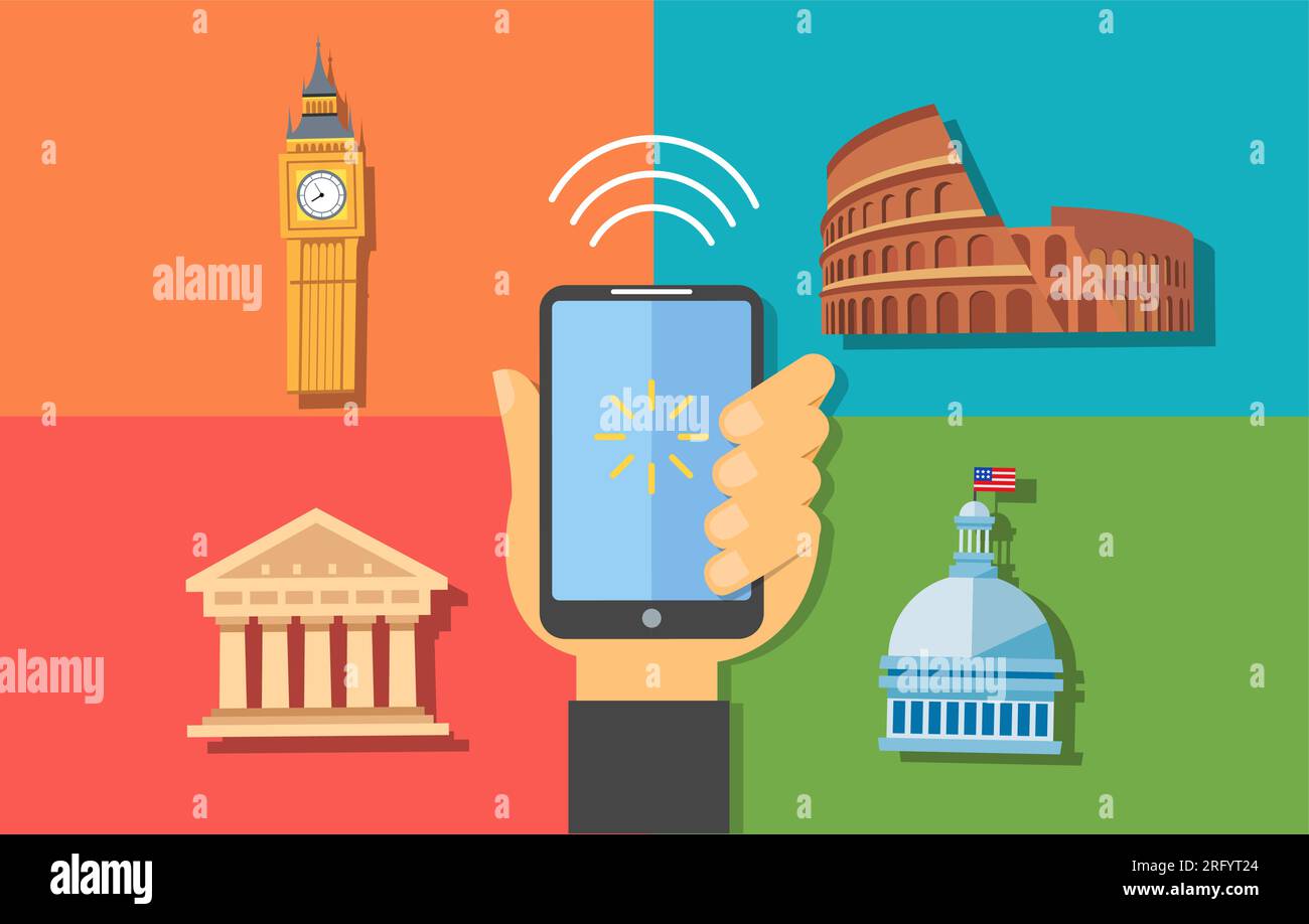Travel Poster with Phone and Landmarks Stock Vector Image & Art - Alamy