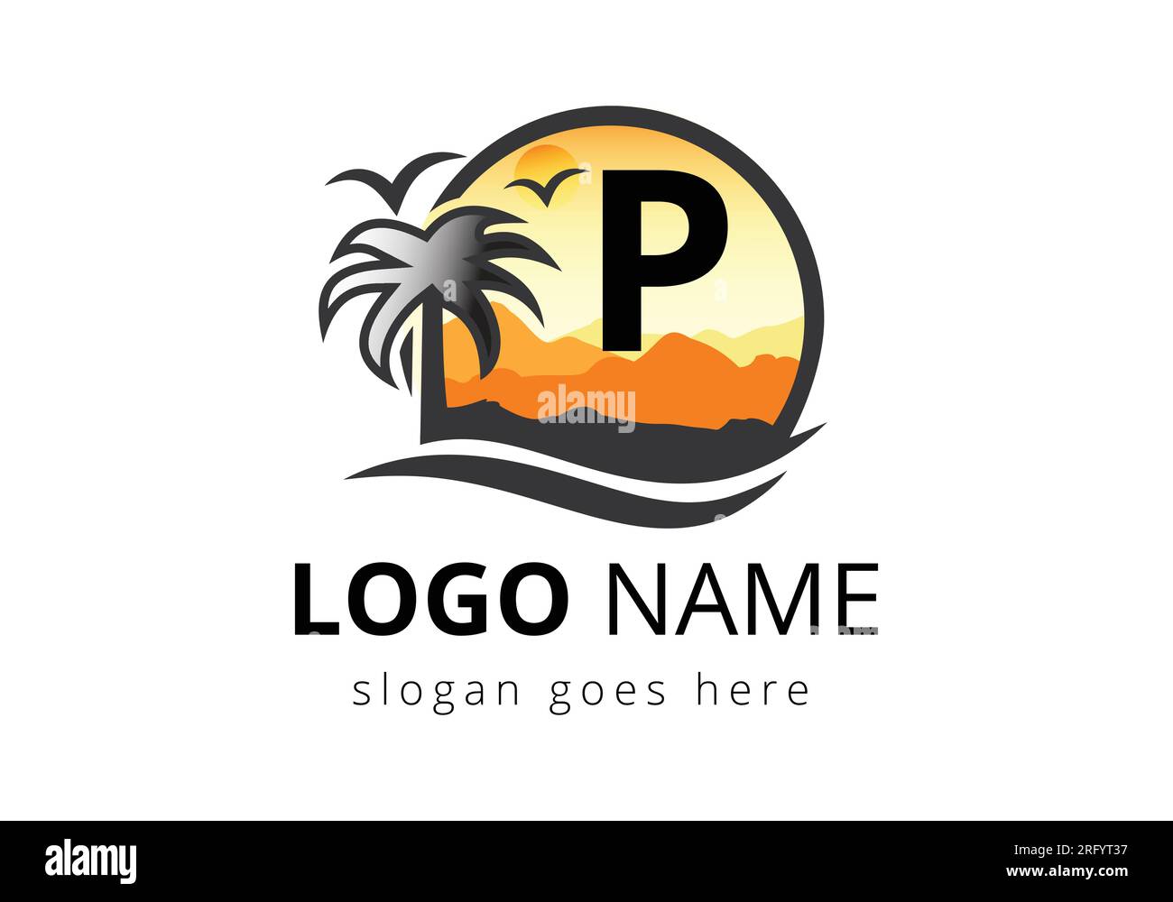 Beach Logo On Letter P Vector Sign. Sunset Summer Travel Logo Beach ...