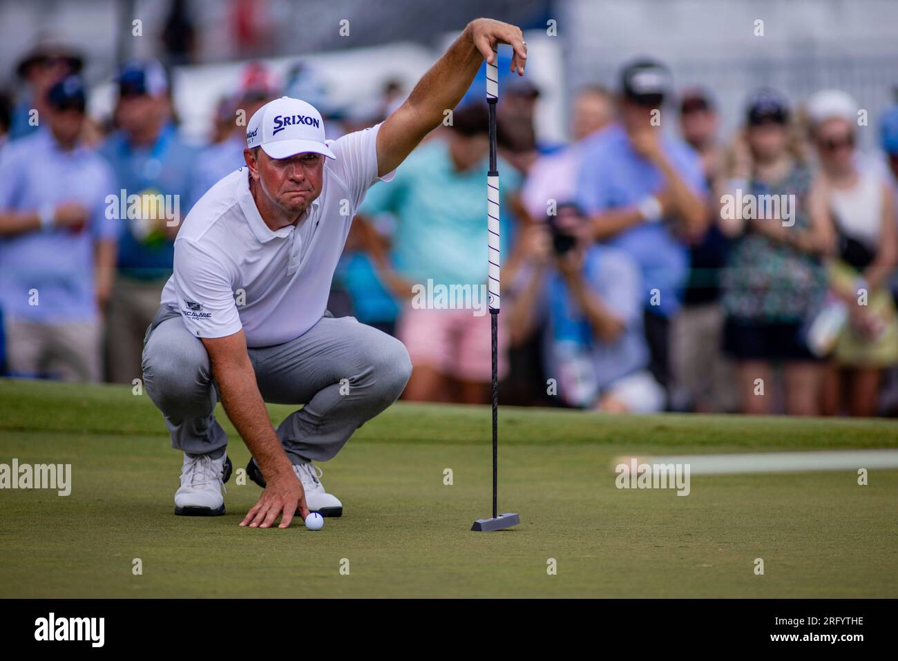 August 6, 2023: Lucas Glover lines up his birdie attempt on the ninth ...