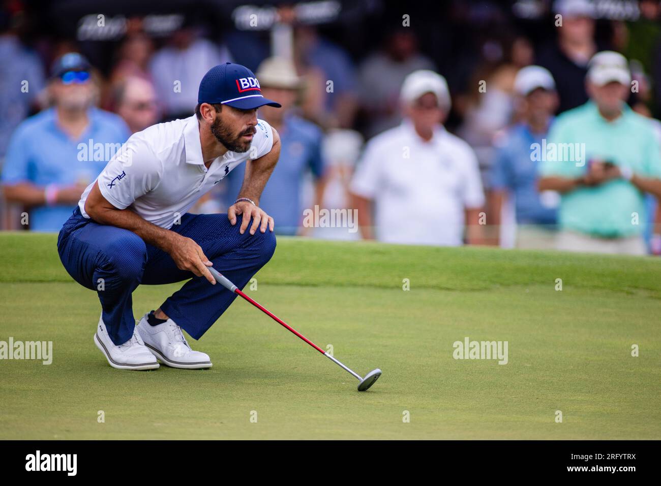 August 6, 2023: Billy Horschel lines up his birdie attempt on the ninth ...