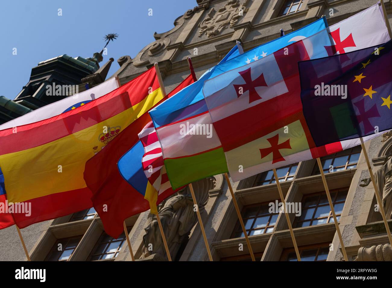 The flags of the countries participating in the conference fluttering ...
