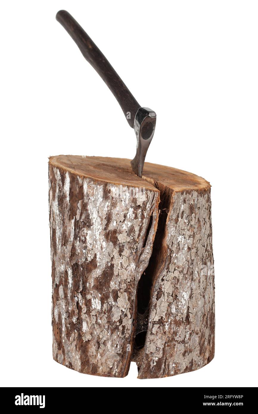 antique axe with wooden handle in wood log on white background Stock ...
