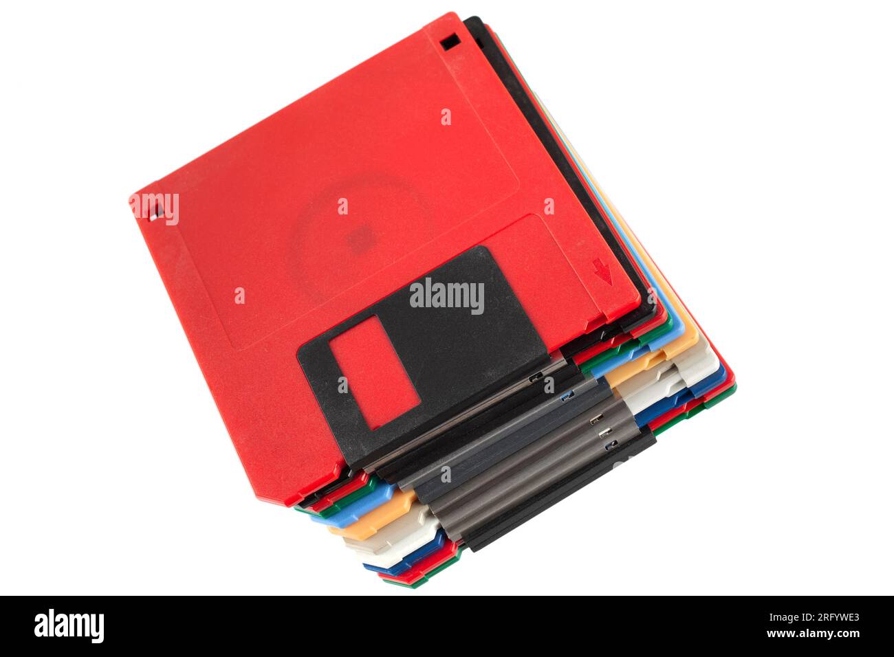 Colored old retro floppy diskettes in stack. Isolated on white ...