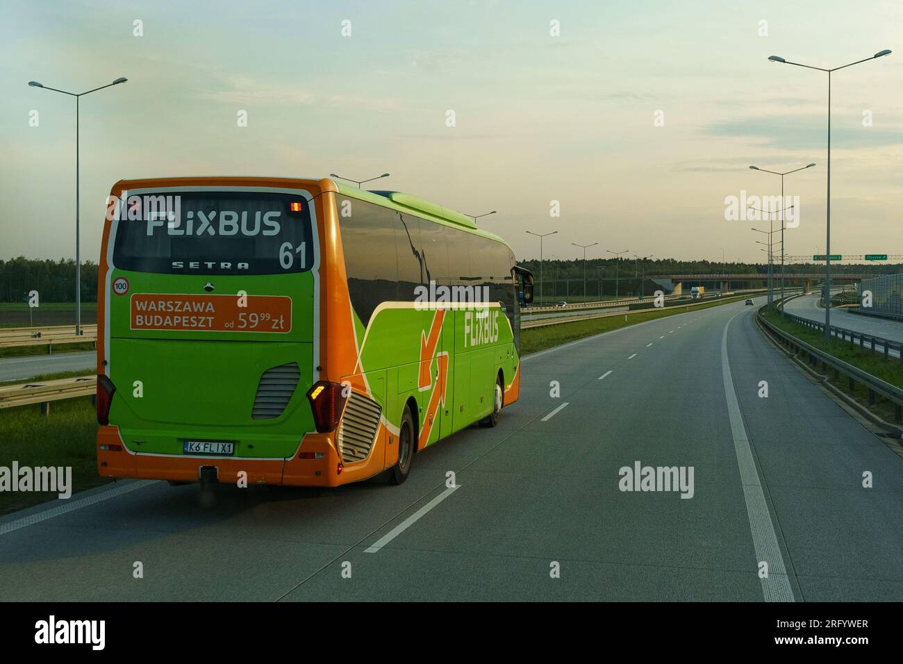 Warsaw, Poland - May 5, 2023: Flixbus bus moves on the motorway along ...