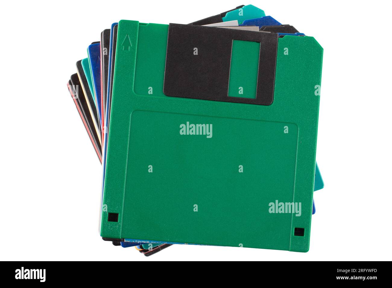 Colored old retro floppy diskettes in stack. Isolated on white ...