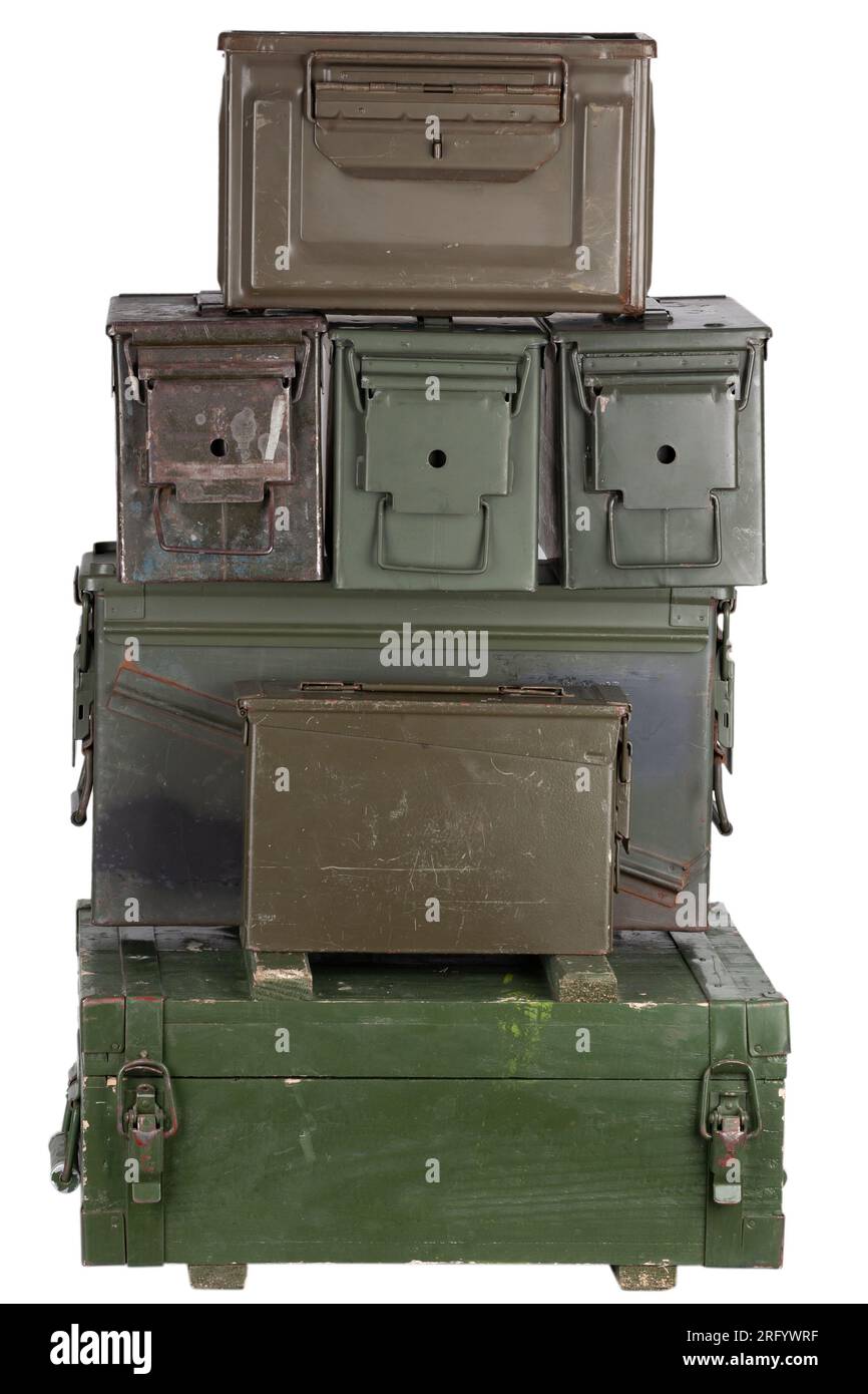 Stack of US army ammo cans and army green crate isolated on white ...