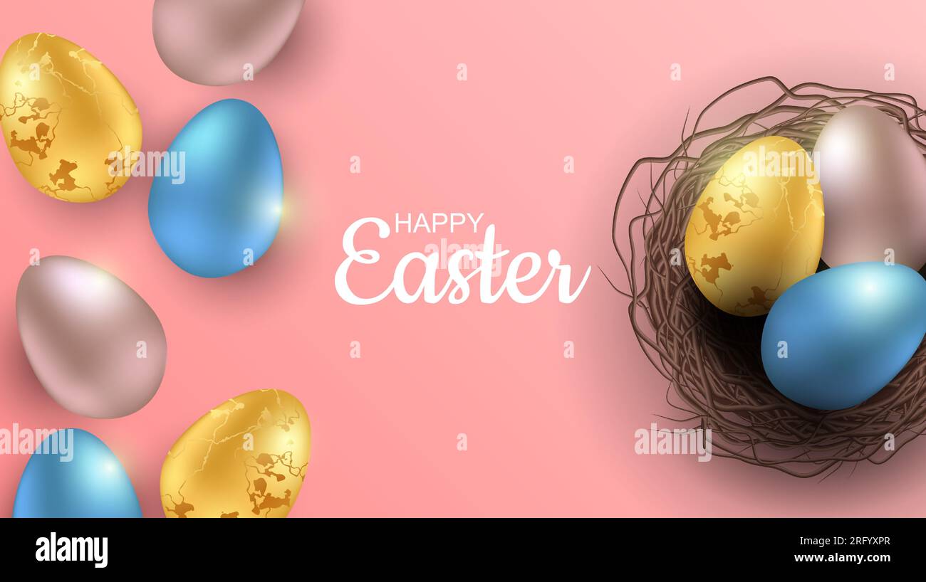 Greeting Easter background with realistic Easter eggs. Top view with ...