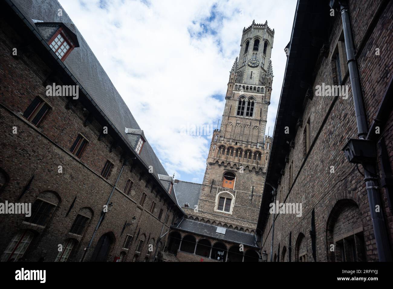 view of the The beffroi belfry of Bruges is a medieval building located ...