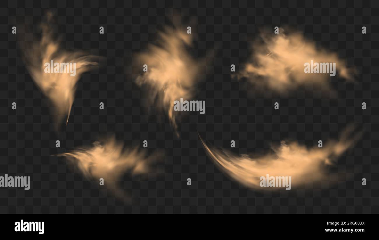 Dust sand clouds set with stones and flying dusty particles isolated on ...