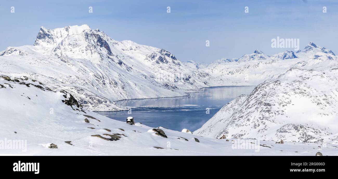 Greenlandic ice cap winter Sermitsiaq mountain and sea fjord panorama, Nuuk, Greenland Stock ...
