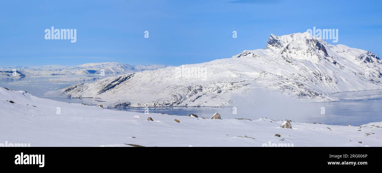 Greenlandic ice cap winter Sermitsiaq mountain and sea fjord panorama, Nuuk, Greenland Stock ...