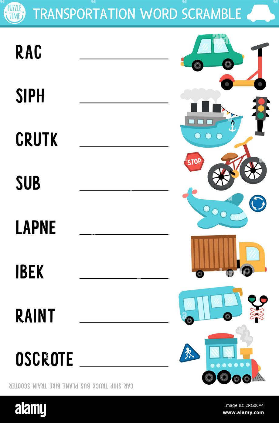 Vector transportation word scramble activity page. English language ...
