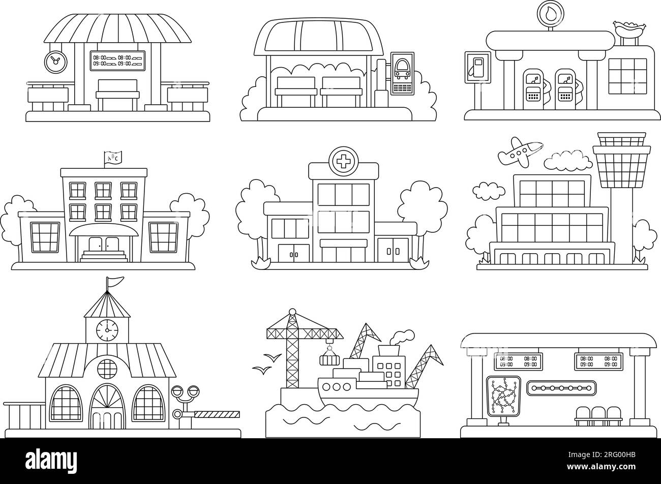 Vector black and white city transportation places set. Bus stop, metro ...