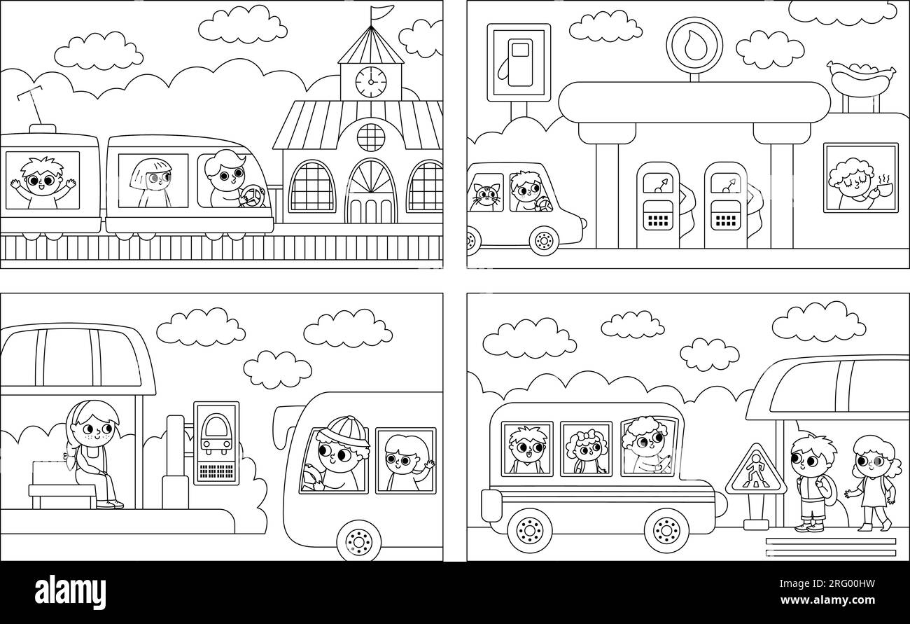 Vector black and white transportation scenes set. Cute line kids ...