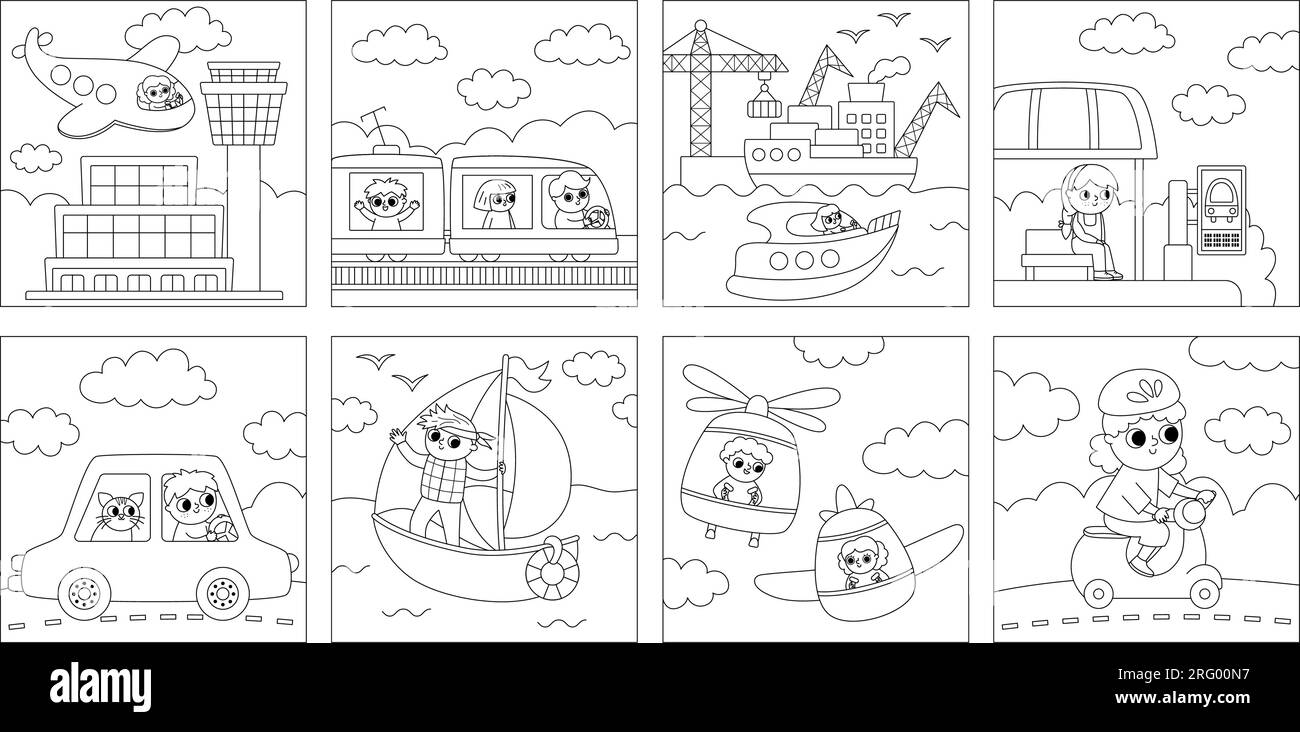 Vector black and white transportation scenes set. Cute line kids ...
