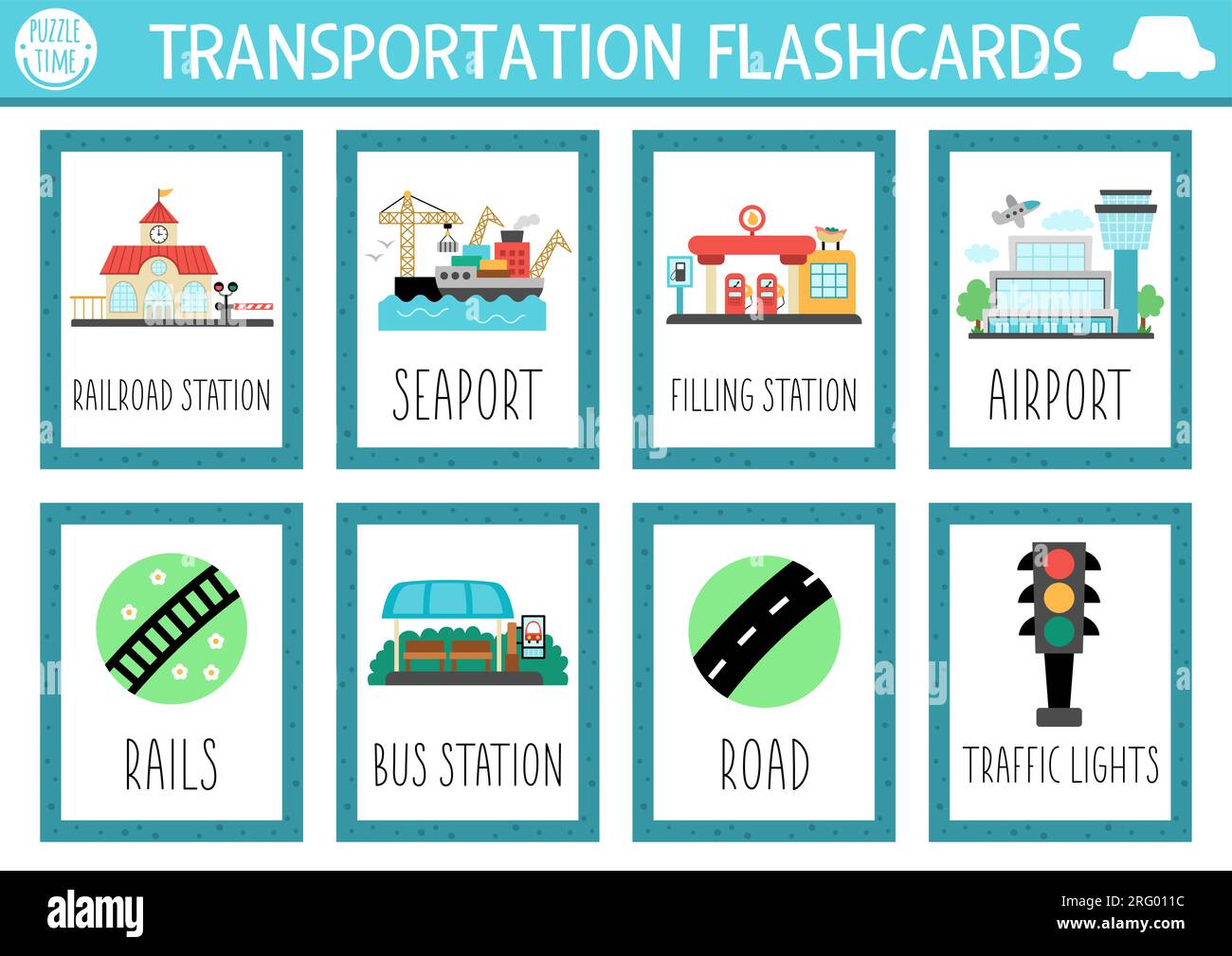 Vector transportation flash cards set with railroad station, seaport ...