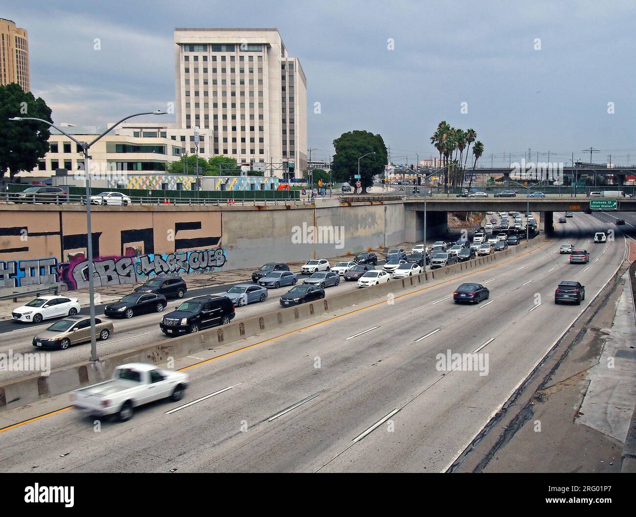 traffic on a freeway running thru downtown Los Angeles, California ...