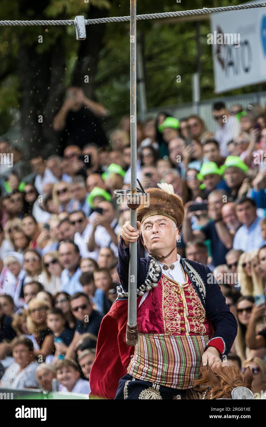 Sinj, Croatia. 06th Aug, 2023. Men wearing traditional knight costumes ...