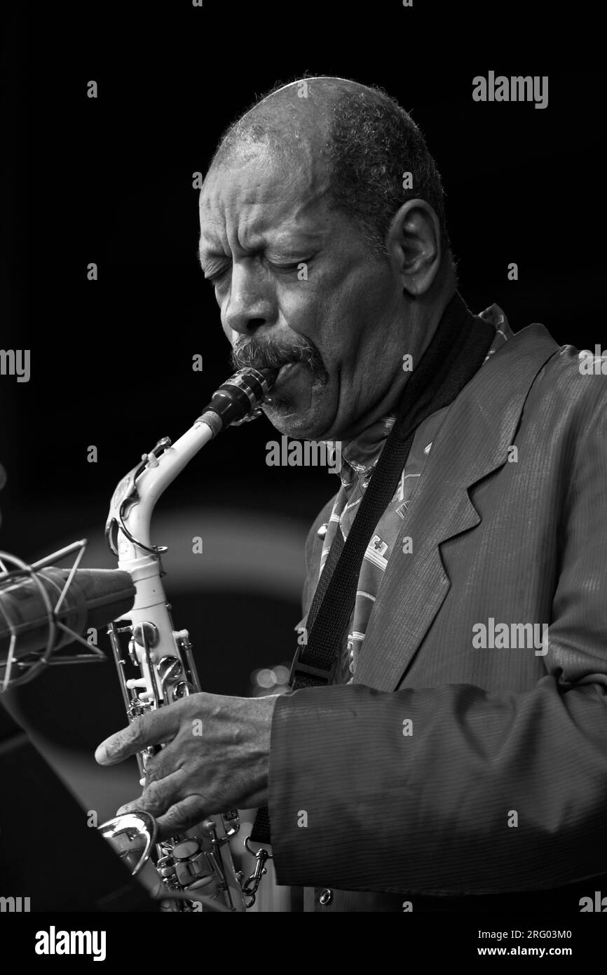 ORNETTE COLEMAN plays alto saxophone at the 50th anniversary MONTEREY ...